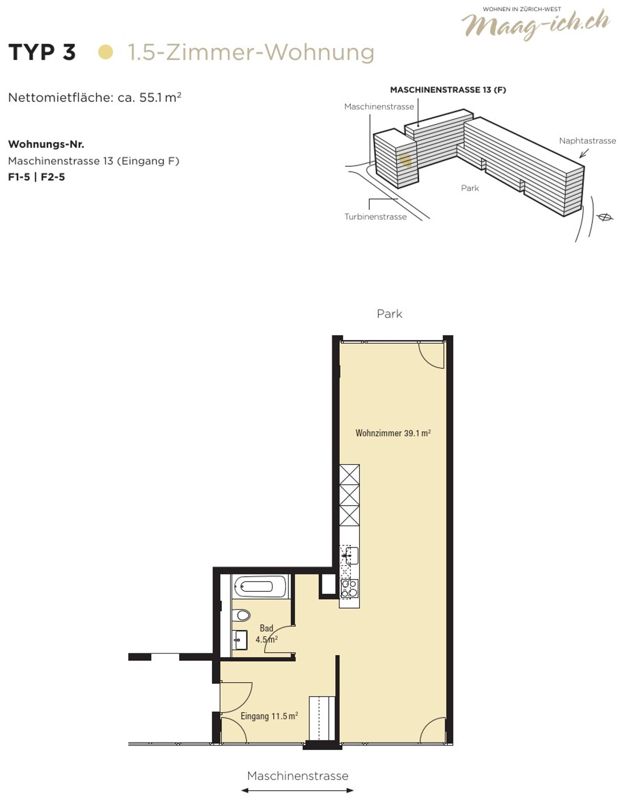 1½ rooms - Apartment - in Maschinenstr. 13 - for CHF 2060 - 55 m² ...